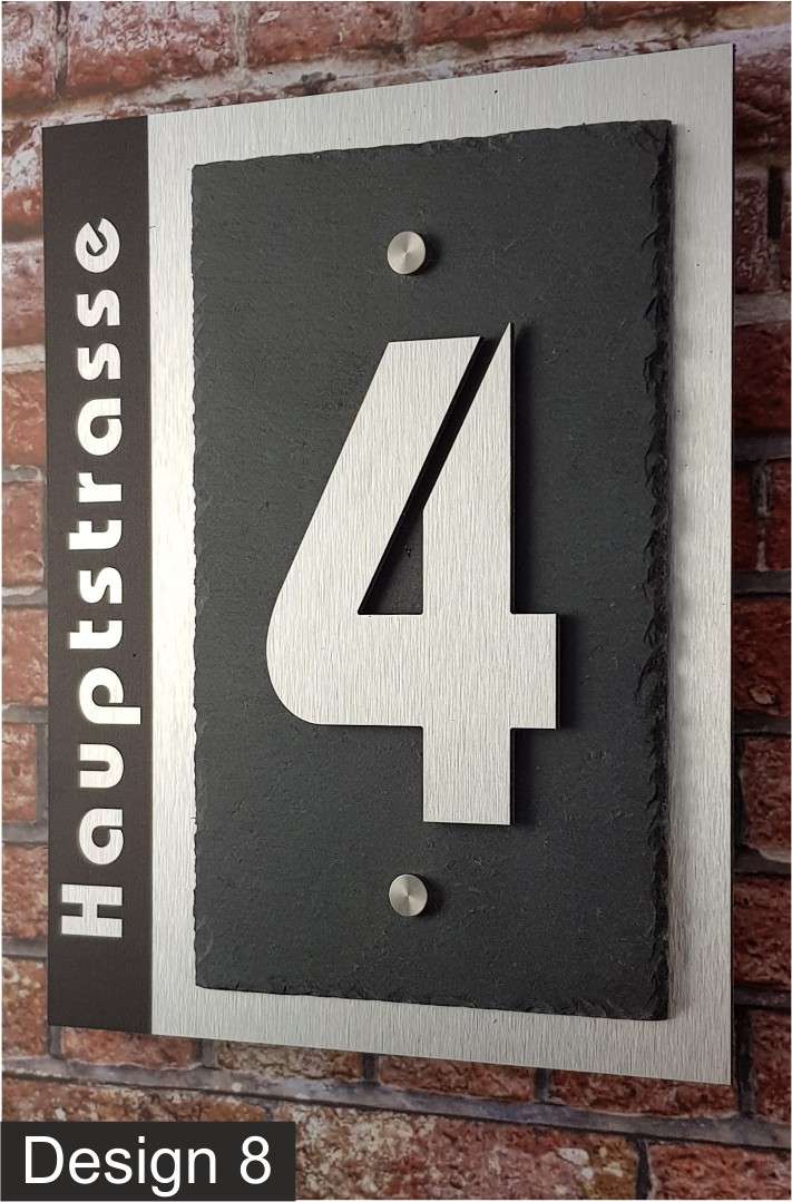 hochwertige 3D Hausnummer mit Schieferplatte in Edelstahl-Design ...
